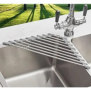AAKitchen SUS304 Stainless Still Dish Drying Rack Over Sink Corner Dish Rack Kitchen Gadget Tool Sink Caddy Corner Sink Drainer (Gray)