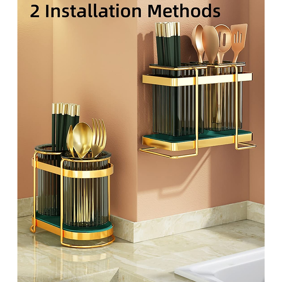 NAN Wind Cutlery and Utensil Storage Organizer,Cutlery and Utensil Organizer With Drainer,Utensil Countertop Storage Container for Kitchen to Holds Forks,Knives,Spoons,Chopsticks