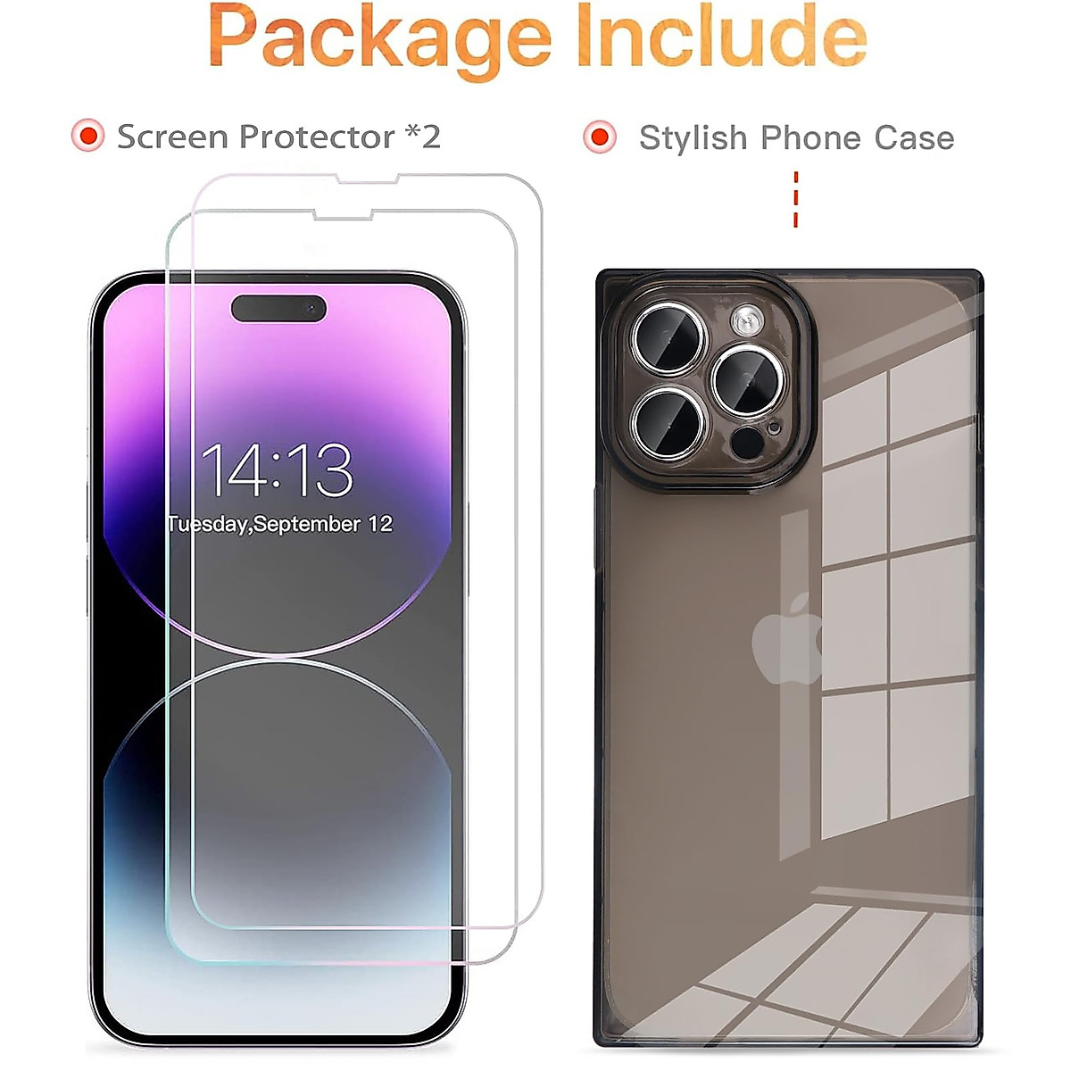 KRY Black Clear Phone Case for iPhone 13 Pro Max Case with [Screen Protector][Camera Protection] Cute Design, Slim Cover for iPhone 13 Pro Max [Soft Anti-Scratch] for Women Girls