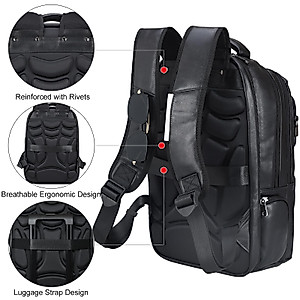 Masa Kawa Full Grain Leather 15.6 Inch Laptop Backpack for Men Black Large Business Travel Rucksack Bag Overnight Daypack