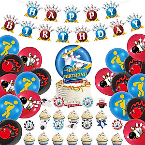 Bowling Theme Party Supplies Set Including Bowling Happy Birthday Banner, Bowling Cake & Cupcake Toppers, Bowling Balloons, Bowling Party Decorations for Kids Adults Teens