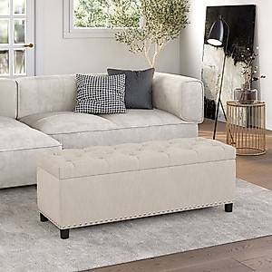 BELLEZE 47 Inch Storage Ottoman, Button-Tufted Ottoman Linen Storage Bench with Safety Close Hinge, Ottoman with Storage for Living Room, Entryway, Hallway, Foot Rest, Support 300lbs - Beige