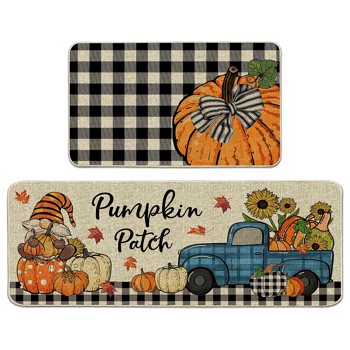 pinata Fall Kitchen Rugs and Mats Set of 2 - Hello Fall Y’All Gnomes Pumpkin Farmhouse Fall Kitchen Decor Mats for Floor - 17x29 and 17x47 Inch