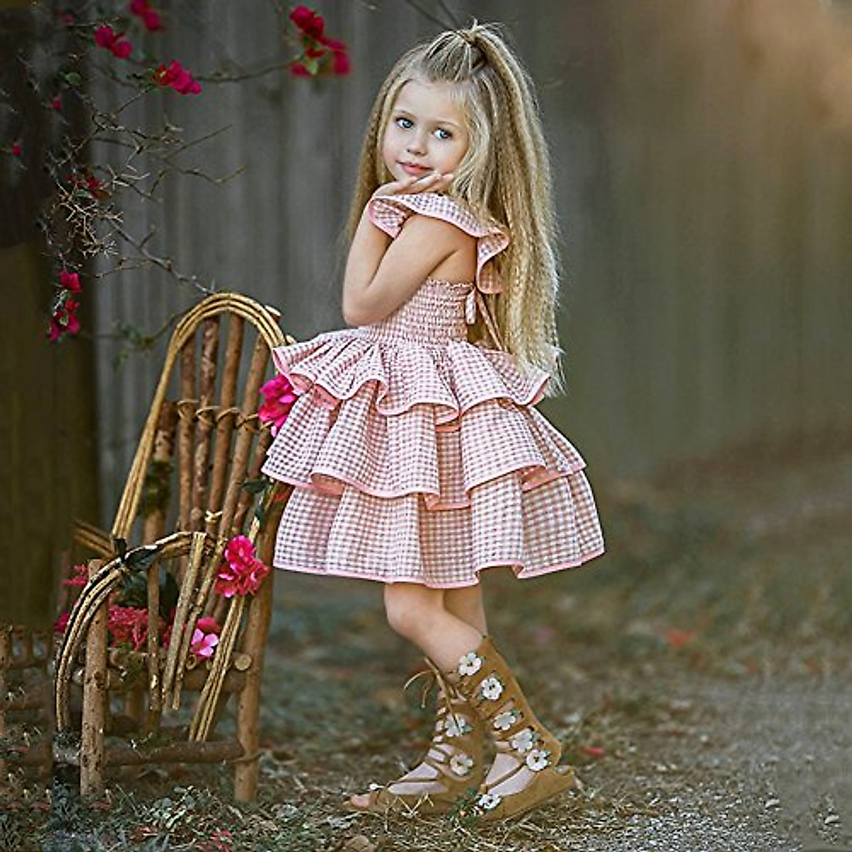 YOHA Baby Girls Ruffle Dress Baby Shower Dress Girls Birthday Festival Dress Easter Christmas Holiday Toddler Dress Pink Plaid,100