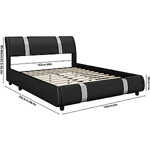 Keyluv Modern Faux Leather Upholstered Platform Bed Frame with Metal Decoration Headboard, Wooden Slats Support, No Box Spring Needed, Queen Size, Black