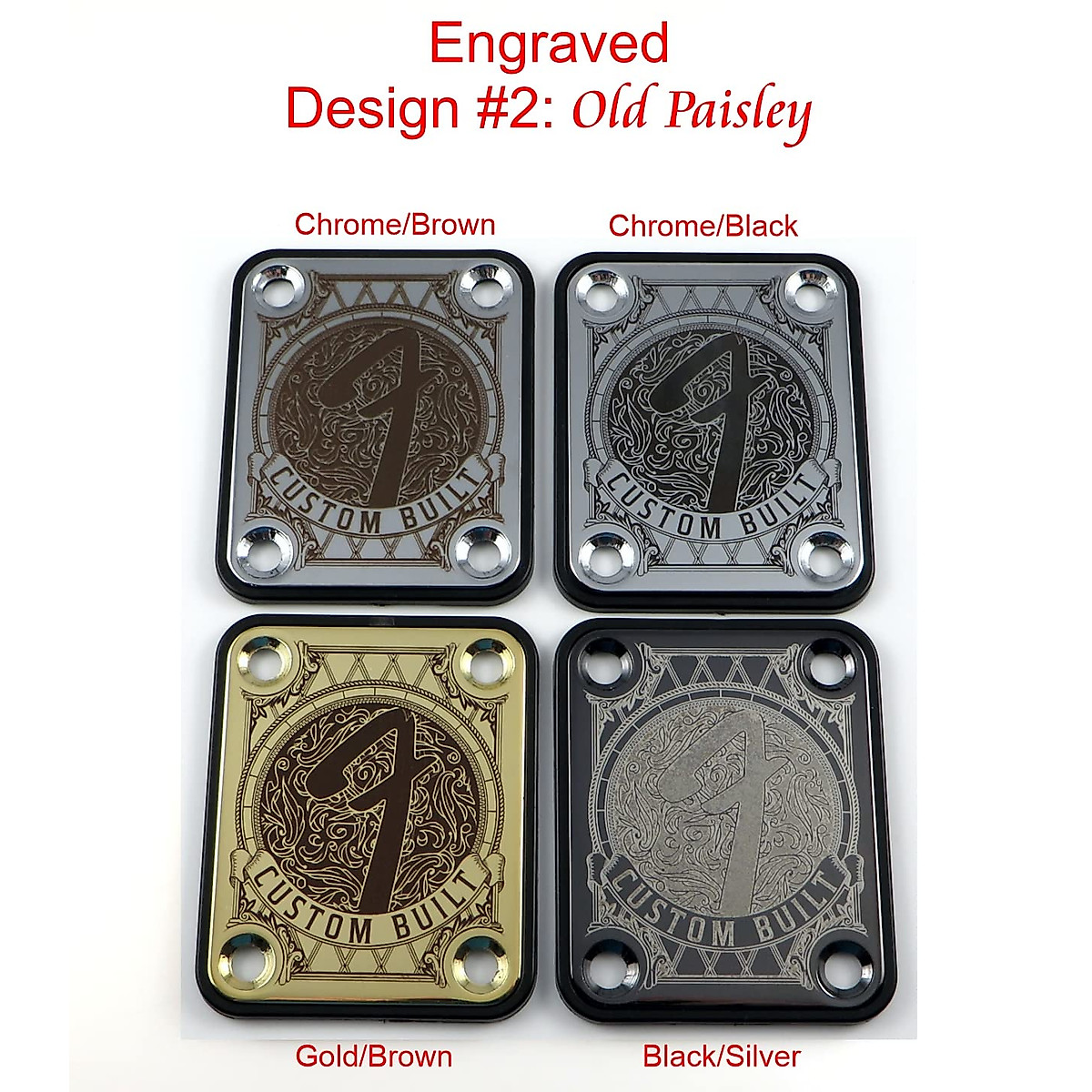 Standard 4 Bolt "Custom Built" Engraved or Printed Guitar Neck Plate - Choose from 4 designs - Silver, Gold or Black