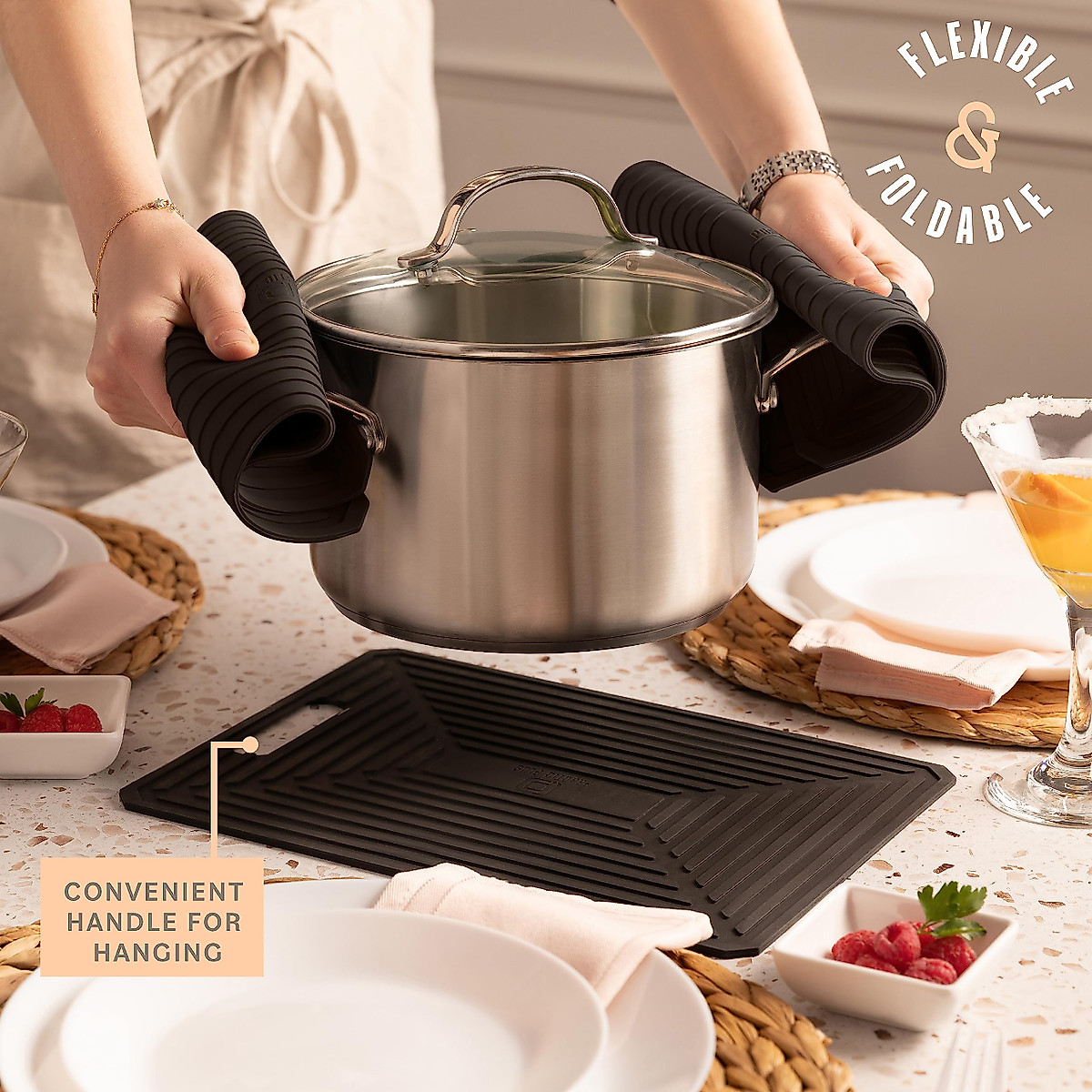 4 Large Silicone Trivet Mats – 9x12 in. Silicone Mats for The Kitchen Counter – Heat Resistant to 572° – Your Large Hot Pads are Placemats, Dish Drying Mats, Pot Holders, More by Practic Plus (Black)