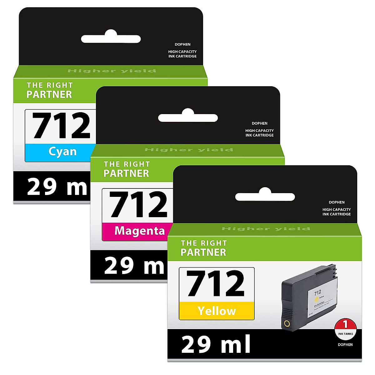 712 29-ml Ink Cartridges (3-Pack,1Cyan/ 1Yellow/ 1Magenta) - Doen Ink Cartridge Replacement for HP 712 Work with DesignJet T650, T630, T230, T210 Printers