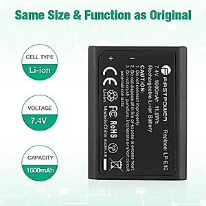 FirstPower Replacement LP-E10 Batteries Compatible with Canon EOS Rebel T3, T5, T6, T7, T100, Kiss X50, Kiss X70, 1100D, 1200D, 1300D, 2000D Cameras (2-Pack 1600mAh)