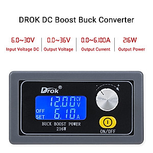 DROK Buck Boost Converter, DC 6-30V to 0-36V 6.1A 216W 6V 9V 12V 24V 36V CC CV Buck Boost Module, DC Regulated Power Supply, Stepdown Stepup Adjustable Voltage Regulator for Solar Panel