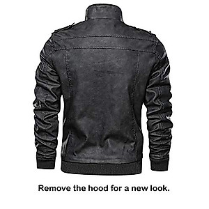 HOOD CREW Men’s Casual Stand Collar PU Faux Leather Zip-Up Motorcycle Bomber Jacket With a Removable Hood