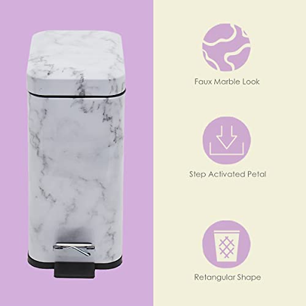 Home Basics Faux Marble 5 Liter Rectangle Step Waste Bin, White | Removable Liner | Steel | Unique Slim Design