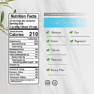 Jaybee's Roasted Salted Brazil Nuts - (32 oz) Great for Daily Use, Baking, Cooking and Gift Giving - Reusable Container - Kosher - Vegan, Paleo, Keto Friendly Healthy Snack