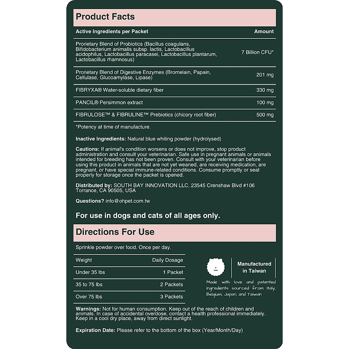 Oh!Pet 5-in-1 Digestive Probiotics Powder for Dogs & Cats - 7 Billion CFUs, Prebiotics, Digestive Enzymes & Dietary Fiber - 30 Packets (Codfish)