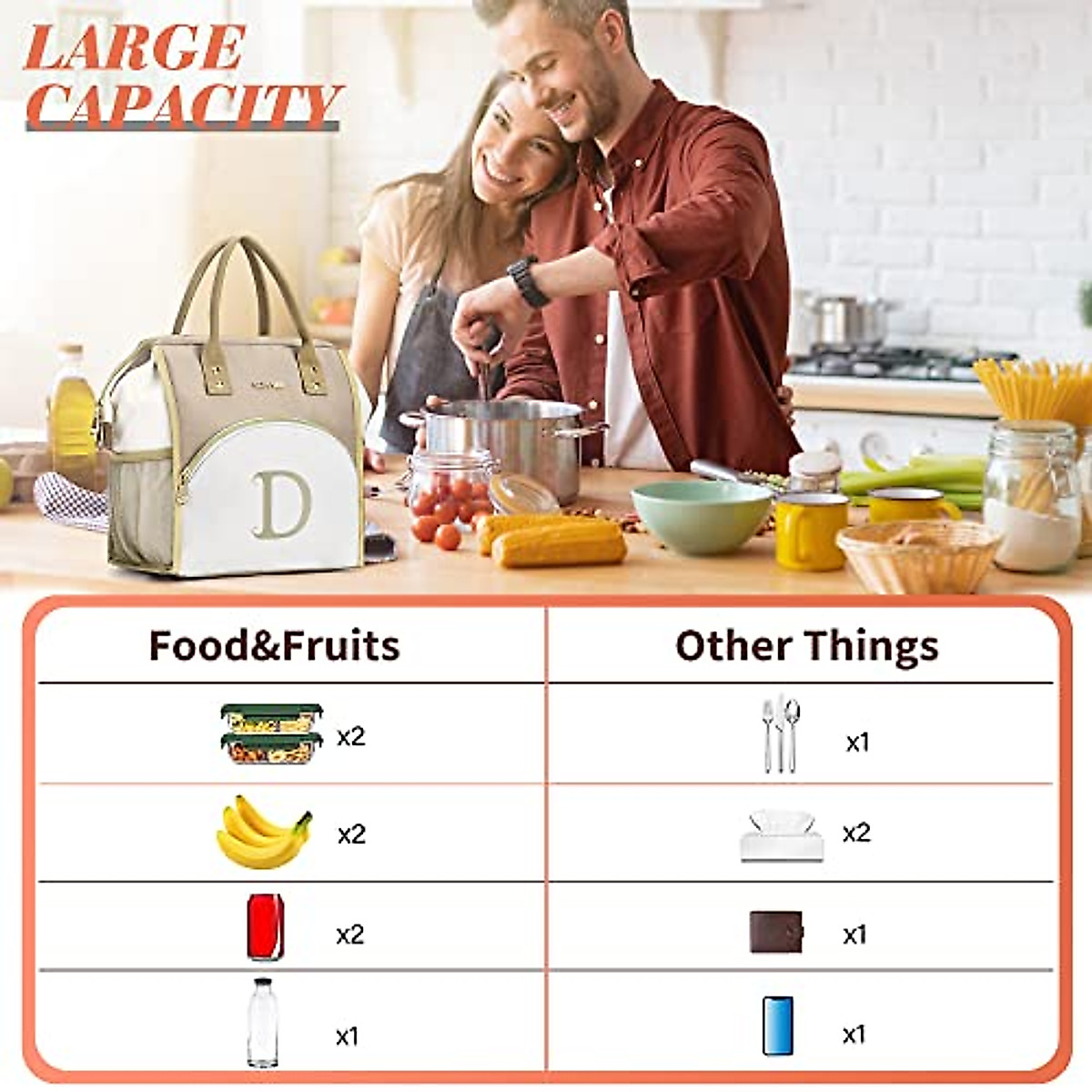 LOKASS Initial Lunch Box for Women Large Lunch Bag, Insulated Cooler Tote Bag for Work/Picnic, Personalized Mother's Day Gift for Mom/Nurse/Teacher-K