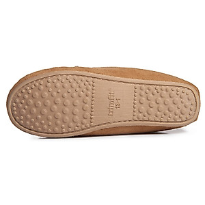 Lucky Brand Girls Plush Glitter Bow Moccasin Slippers, Rubber Sole Indoor Outdoor House Shoes, Kids Bedroom Slipper Moccasins, Tan, Size 2-3