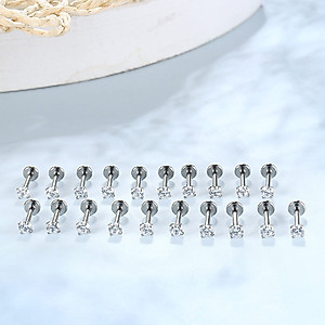 Helicopchain 20Pcs 16G Hypoallergenic Stainless Steel Lip Studs Labret Piercing With 3mm CZ Cartilage Tragus Helix Monroe Piercing Stud Jewelry 6mm 8mm 10mm