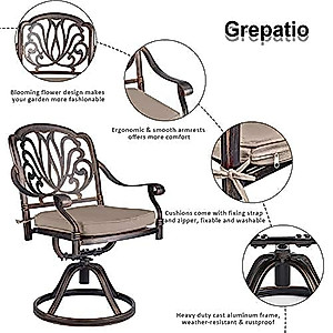 Grepatio 2 Piece Outdoor Patio Swivel Dining Chairs with Cushions, High Back Cast Aluminum Frame, Weather Resistant Metal Furniture for Lawn Garden Backyard (Swivel Rocker Chairs with Khaki Cushions)