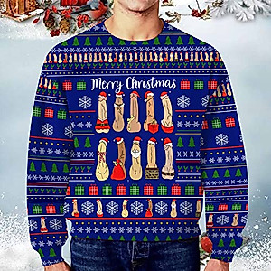 Ugly Christmas Sweatshirt Men Dirty Dildos Striped Printed Crewneck Winter Fashion Outdoor Party Pullover Top Casual (Blue, X-Large)