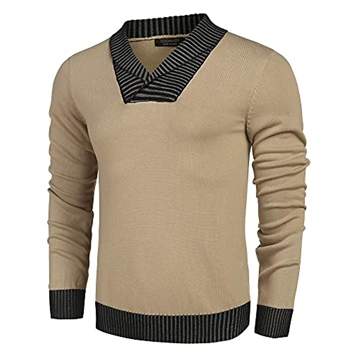 COOFANDY Mens Shawl Collar Knitted Sweater Casual Long Sleeve Pullover Khaki