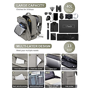 winspansy Large Travel Backpack for Women Men Carry on Backpacks Waterproof Flight Approved Personal Item Bags Luggage Backpacks Fit for 17 Inch Laptop Business Work,Mochila de Viaje