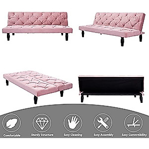 66"Modern Velvet Futon Sofa Bed,Convertible Folding Sleeper Sofa with 3 Angles Adjustable Back,Wood Legs,Small Couch Bed Recliner for Small Space,Living Room Bedroom Apartment Dorms Office (Pink)