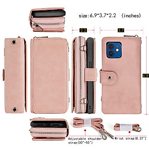 MODOS LOGICOS Crossbody Bag for iPhone 13 6.1" [Shoulder Wrist Straps] [Zipper Storage] [11 RFID Card Slots 3 ID Window] PU Leather Purse with Removable Inner Magnetic TPU Case - Rose Gold