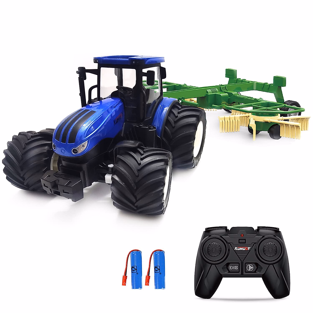 RC Truck Farm Tractor with 2 Rechargeable Batteries - 2.4G 1/24 High Simulation Construction Vehicle with Dual Rotary Swath Windrower，Remote Control Toy with Lights, Hobby Model Toys for Kids 3-6