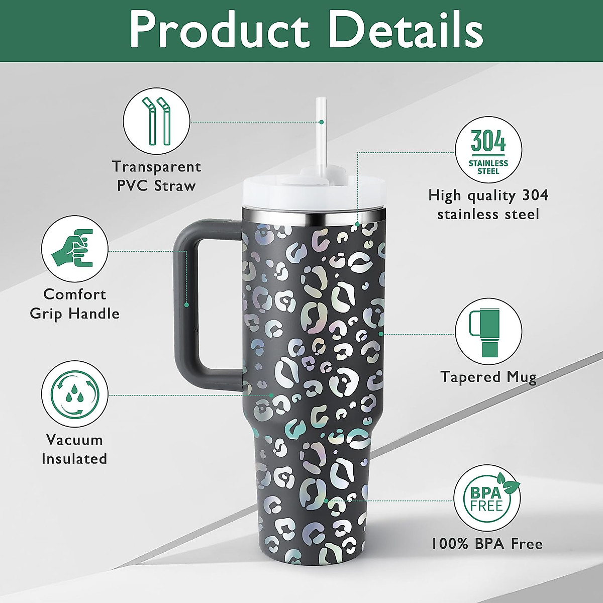 Ochapa 40 oz Tumbler with Handle Leopard Straw Lid Insulated Stainless Steel Vacuum Reusable Cup Holder Friendly Keep Drinks Cold Gifts for Women Lover Car Gym Travel, Cheetah Gray