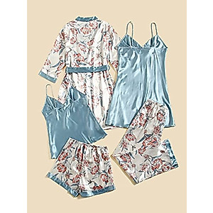 MakeMeChic Women's 5 Piece Sleepwear Floral Satin Cami Pajama Set Silk Nightgown with Robe Blue L