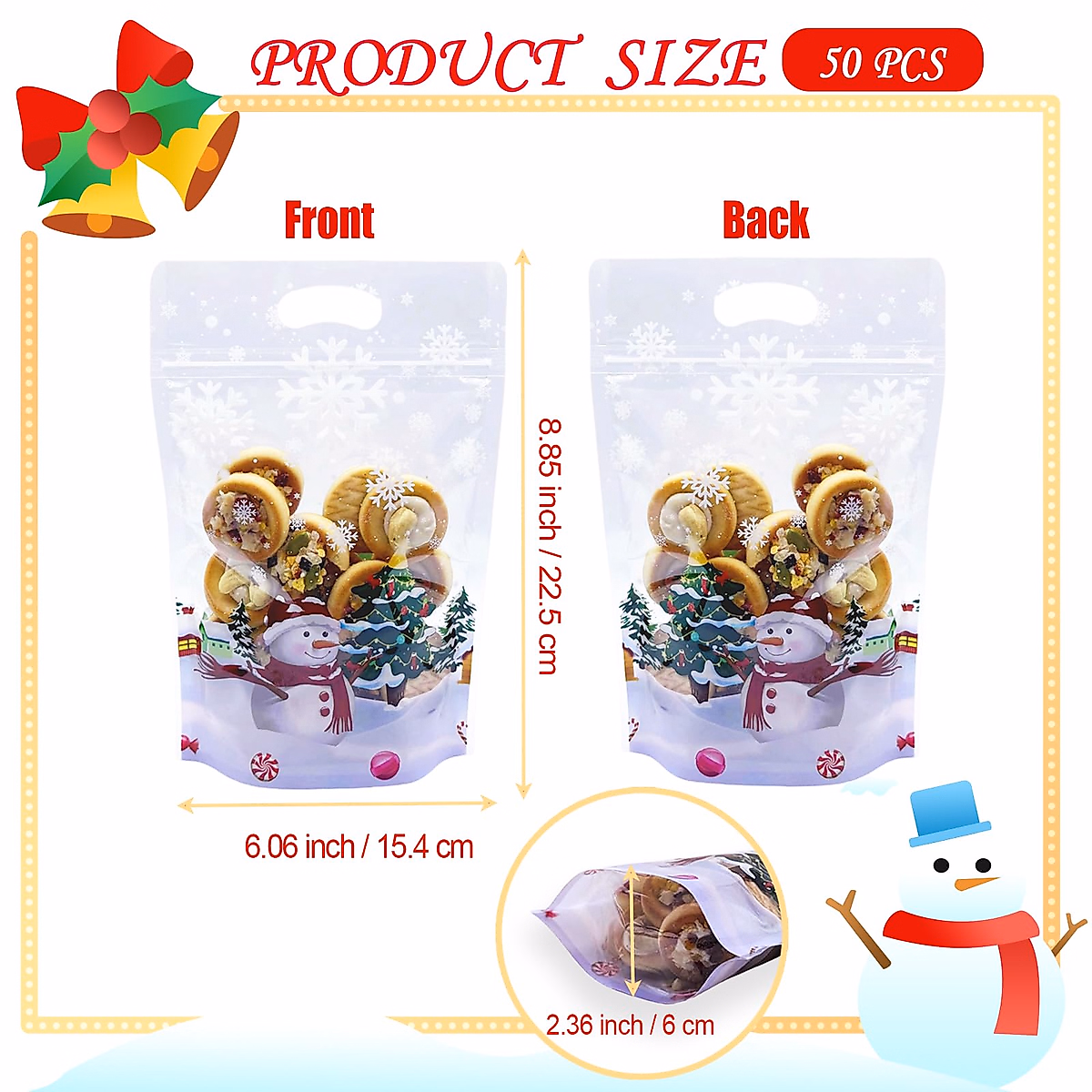 Rikolto Resealable Christmas Zip Lock Bags 50PCS Clear Christmas Cookie Sealing Bags with Handles Snowman Plastic Bags for Xmas Holiday Party Candy Small Gift Wrapping Supplies Decor