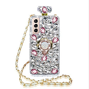 Losin Compatible with Galaxy S23 Bling Case Luxury 3D Perfume Bottle Phone Case Glitter Sparkle Crystal Rhinestones Diamond Gemstone Ring Stand Kickstand Crossbody Lanyard Strap for Women Girls, Pink