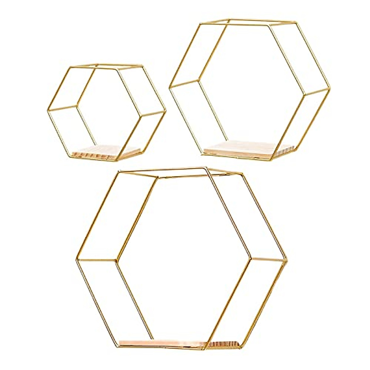 ＫＬＫＣＭＳ 3X Nordic Style Hexagon Honeycomb Floating Wall Shelf Display Iron Hanging Storage Rack Holder for Home/Office Bathroom Kitchen Room , Gloden