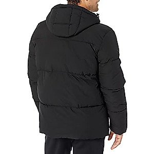 Amazon Essentials Men's Recycled Polyester Mid-Length Hooded Puffer (Available in Big & Tall), Black, Large