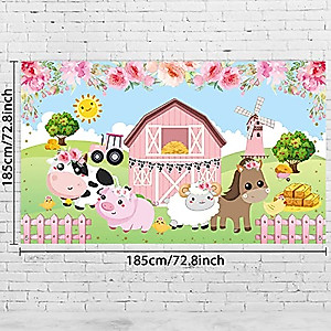Farm Animals Theme Party Decorations, Pink Flowers Floral Barn Backdrop Banner for Grass Children Birthday Party Supplies, Farm Animals Scenic Background Photo Booth Banner, 72.8 x 43.3 Inch