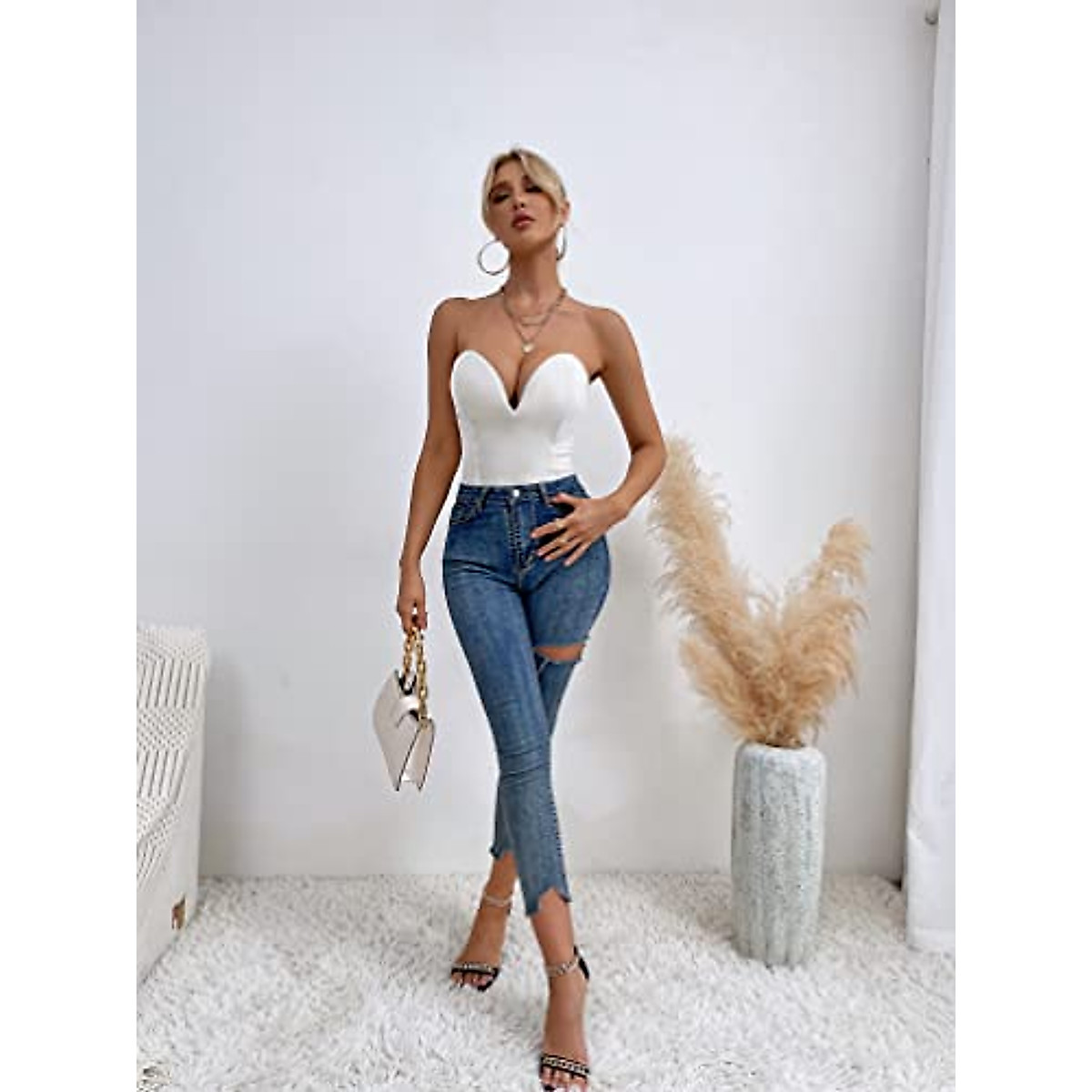 Clothink Women Strapless Velvet Bodysuit Back Lace Up Jumpsuit,Sexy Bodysuit Top Playboy Bunny Halloween Costume White M