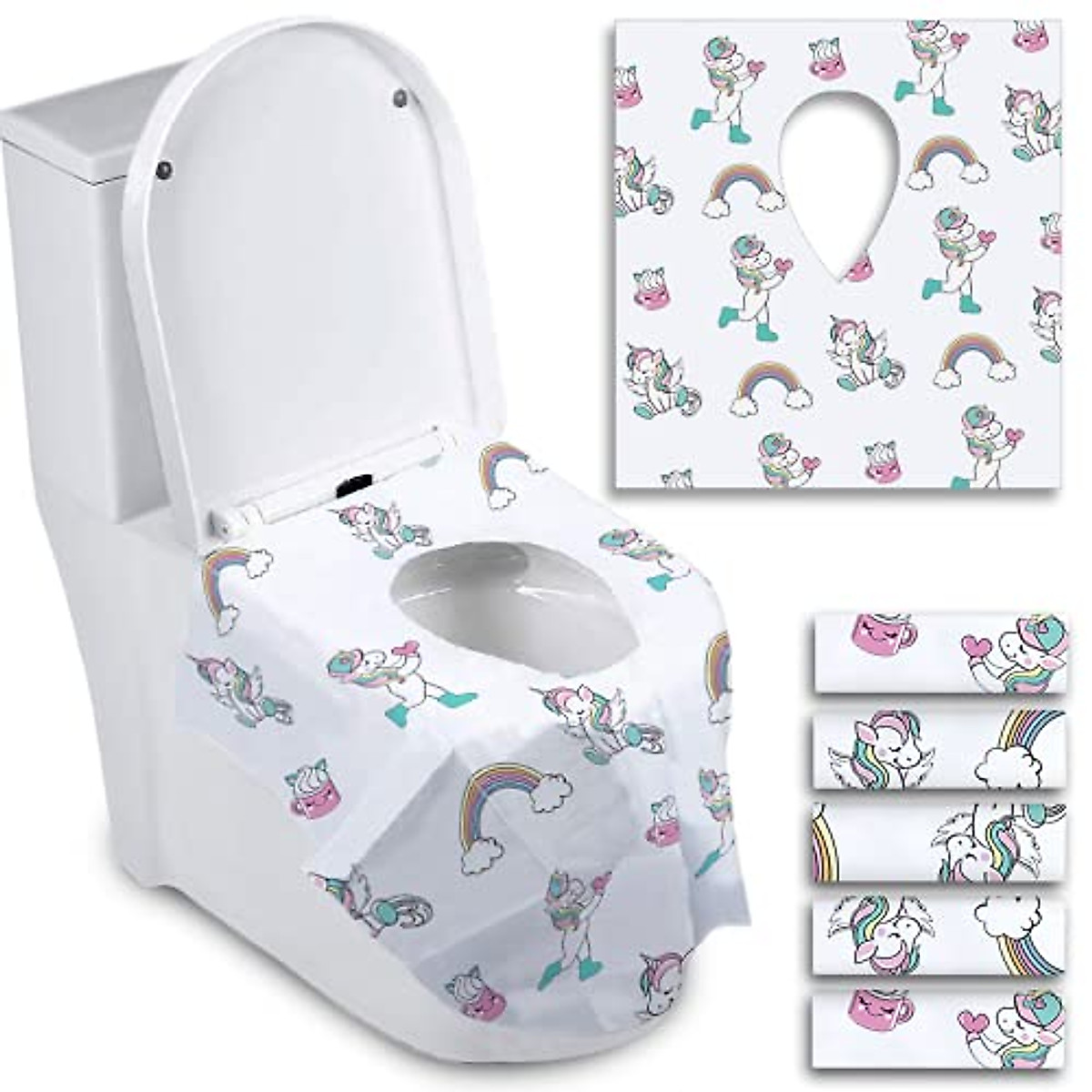 Disposable Toilet Seat Covers for Toddlers, Extra Large Individually Wrapped Unicorn Paper Potty Training Liners for Kids, Portable, Flushable with Non-Slip Adhesives, Potty Shields, Airplane & Travel