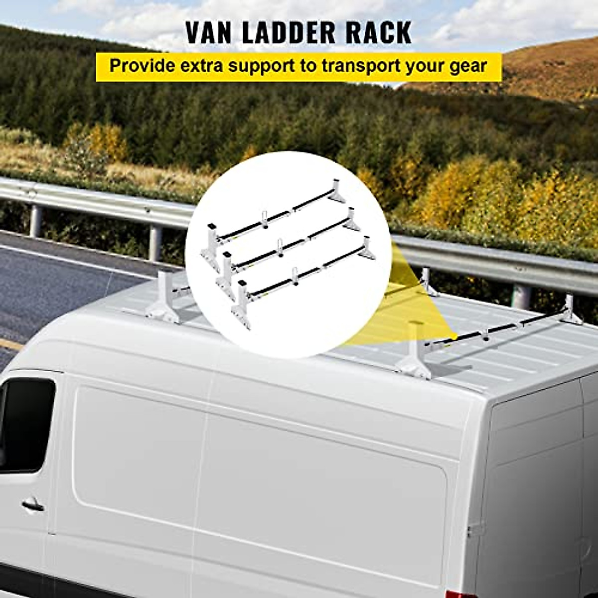 VEVOR Van Roof Ladder Rack, 3 Bars, 661 LBS Capacity, 46.9"-59.1" Adjustable Middle Bar Steel Roof Racks, Rain-Gutter Mount Racks Fit Most Van Rails, Universal Design, White