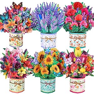 6 Pack Paper Flower Pop Up Cards, Flower Bouquet Card Popup 3D Greeting Cards for Mother's Day, Graduation, Anniversary, Birthday, Congratulations, Get Well, Home Decor, with Envelope and Note