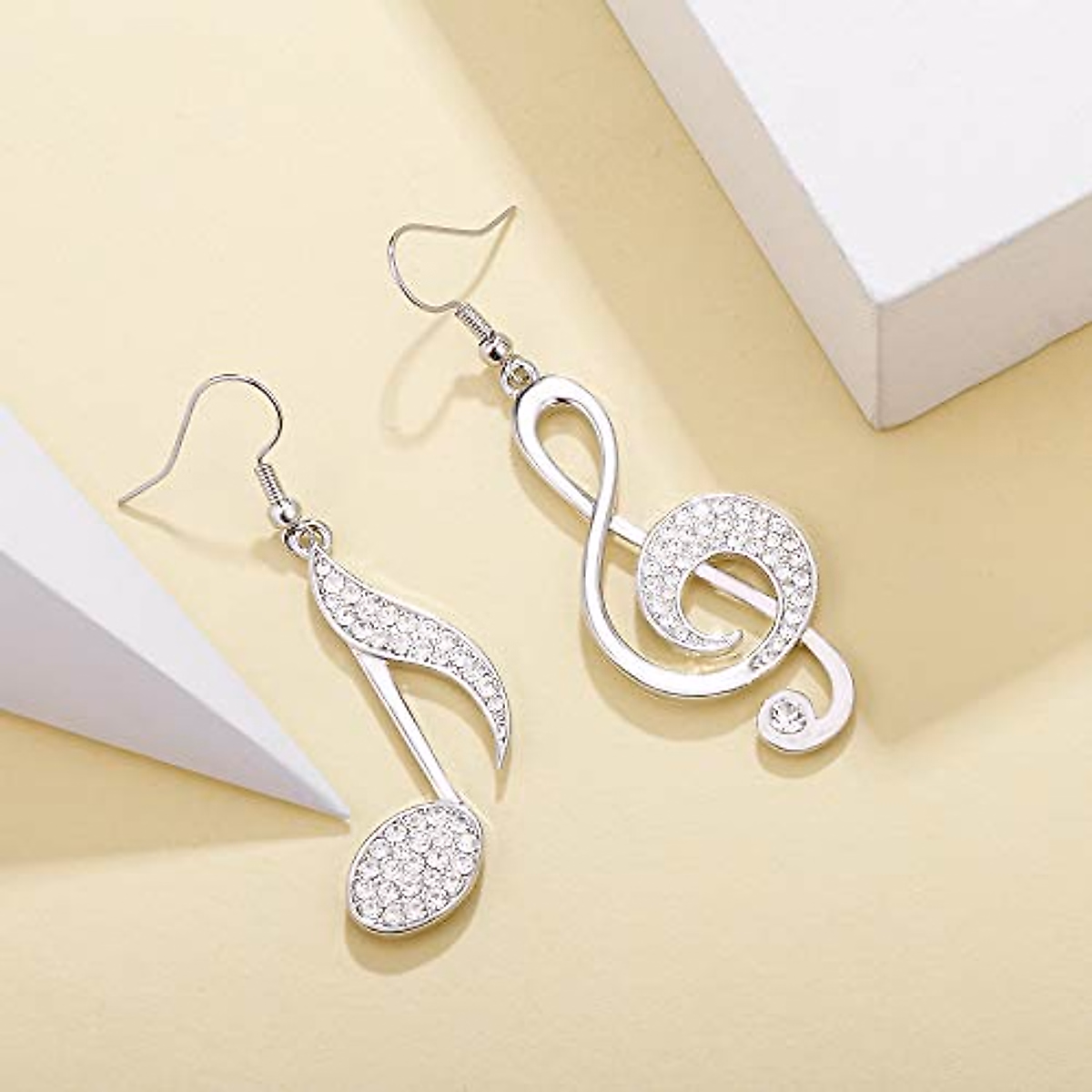 Women Dangle Earrings with Music Note Drop - CZ Clear Crystal Musical Fans Clip on Hook Earring, Rhinestone Fashion Costume Jewelry for Girls…