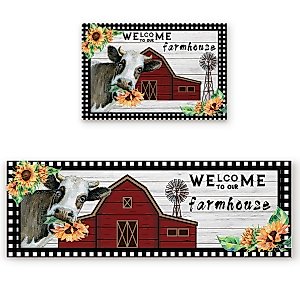 Queener Home Farmhouse Cow and Old Red Wooden Barn Kitchen Rugs and Mats Set of 2, Washable Floor Doormat Comfort Area Runner Rug Non-Slip Rubber Backing for Indoor Sunflowers