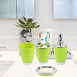 6 Piece Bathroom Accessories Set, Plastic Bath Ensemble Bath Set Lotion Bottles Toothbrush Holder Tooth Mug Soap Dish Toilet Brush Trash Can Decorative Bath Accessory Kit, Green
