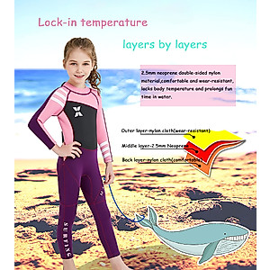 NATYFLY Kids Wetsuit, 2.5mm Neoprene Thermal Swimsuit, Full Wetsuit for Girls Boys and Toddler, Long Sleeve Kids Wet Suits for Swimming (New Pink-Girls Wetsuit-2.5mm, 4)