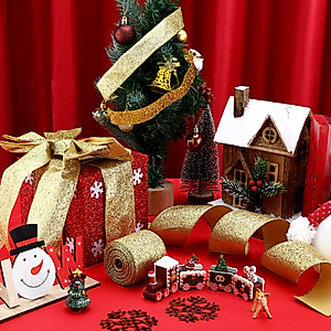 2 Rolls 20 Yards Christmas Ribbon Metallic Glitter Ribbon Wired Edge Decorative Fabric Ribbons for Party Wrapping Home Decorations Wedding Birthday DIY Crafts 2.5 Inch (Gold)