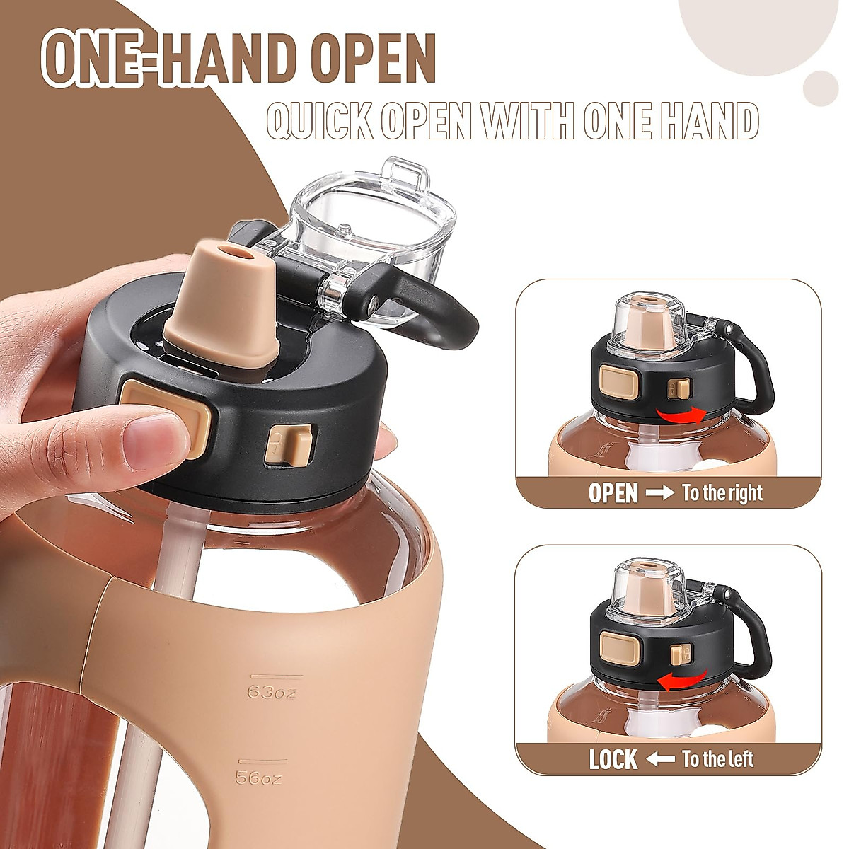 Kodrine 64 oz Half Gallon Water Bottle with Straw, Large Glass Water Bottle with Locking Leak-Proof Lid and Soft Silicone Spout, Water Jug with Carry Handle, Motivational Time Marker, Amber