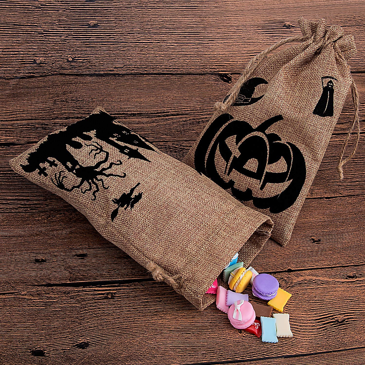 LUTER 9.8" x 5.8" Halloween Burlap Bags Trick or Treat Hessian Bags Drawstring Gift Bags for Party Candy Cookie Goodie Favors(10 Pack)