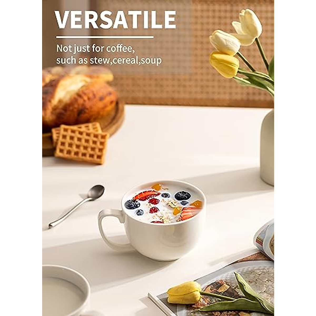 White Porcelain Jumbo Coffee Mugs Set of 4-16 Ounce Cups with Handle for Hot or Cold Drinks like Cocoa, Milk, Tea or Water - Smooth Ceramic with Modern Design