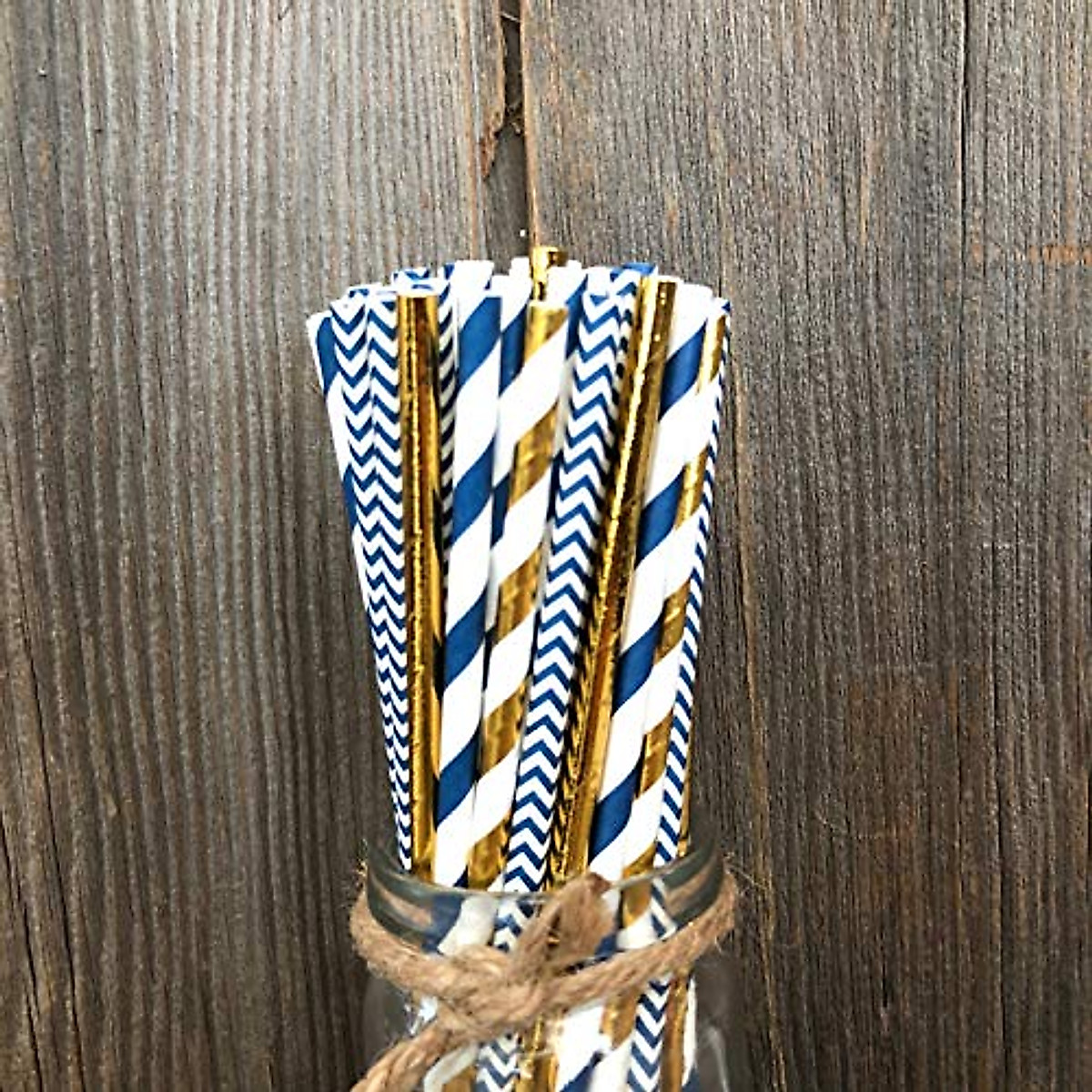 Navy Blue and Gold Foil Paper Straws - Stripe Chevron Solid - 100 Pack