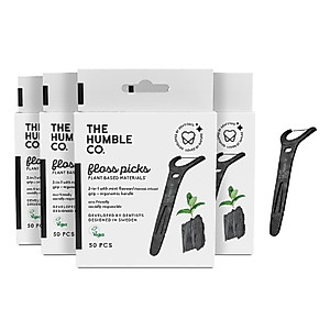The Humble Co. Floss Picks (200 Count) – Plant Based Dental Floss Picks with Grip Handle for Superior Oral Care, Dental Hygiene, and Gum Health, Cruelty Free Tooth Floss Picks (Charcoal)