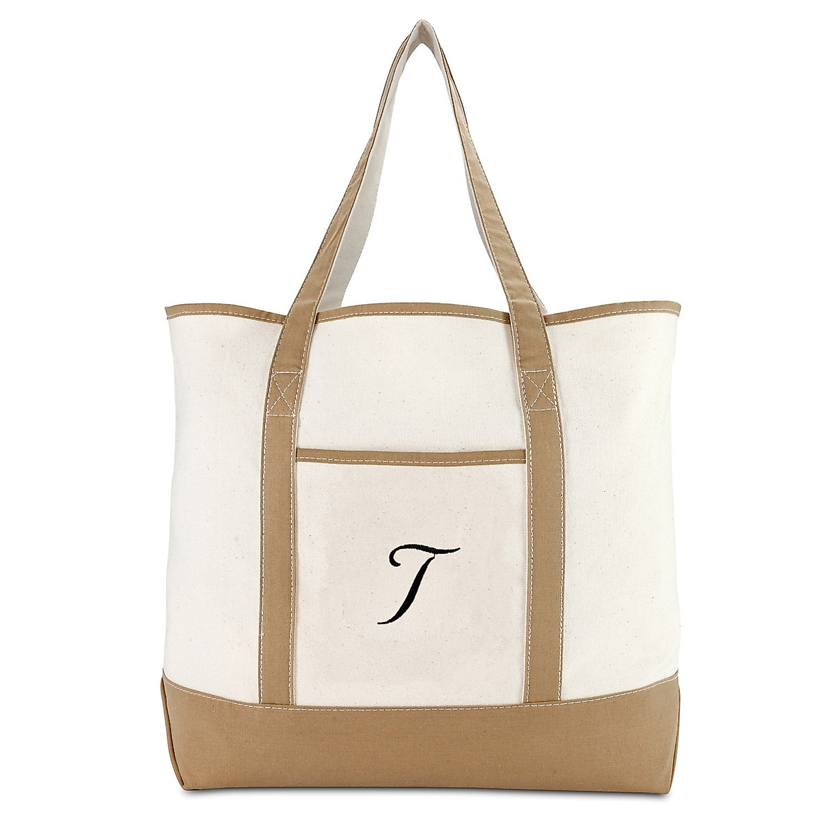 DALIX Women's Natural Tote Bag Shoulder Bags Brown With Monogram Letter T
